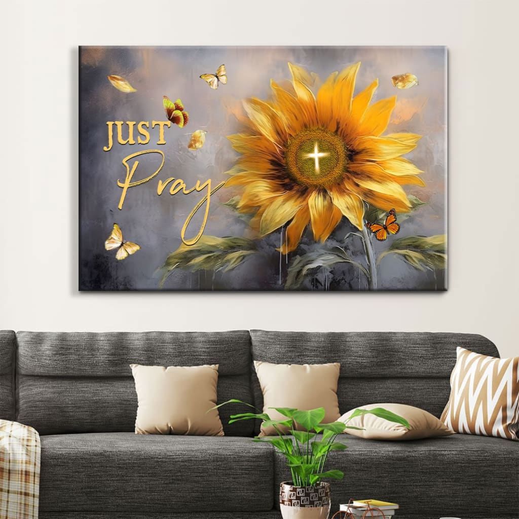 Just Pray Wall Decor, Sunflower Butterfly, Christian Wall Art Canvas ...
